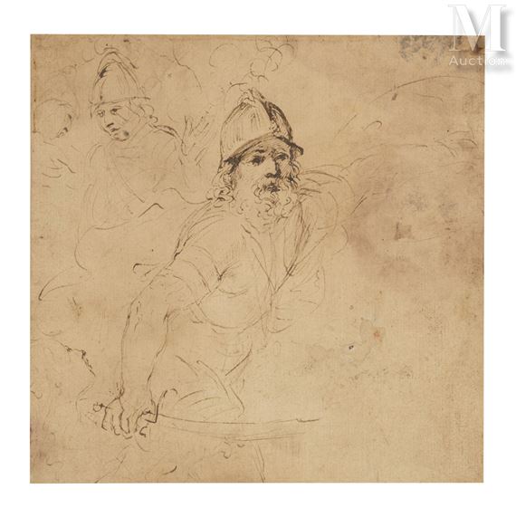 Il Guercino | Etude de soldat casqué, deux silhouettes dans le fond ...