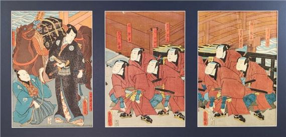 Utagawa Kunisada | Triptych oban tate-e, samurai with his horse and ...