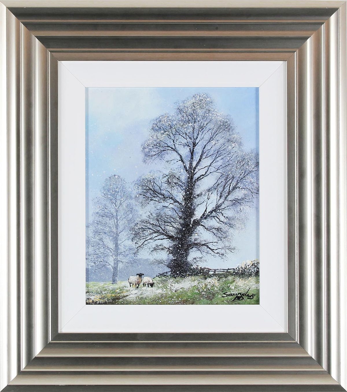 Andy Saunders | Sheep Grazing by the Winter Elm | MutualArt