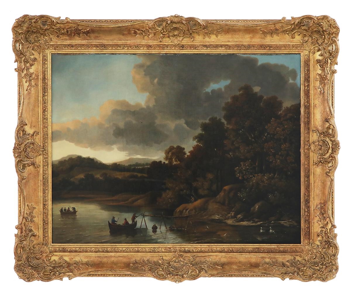 British School, 19th Century | Fishermen with an Eel Buck on the River ...