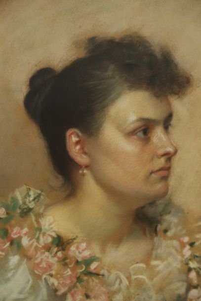 Léon Emile Jardon | Portrait de femme à la robe fleurie. (1862) | MutualArt