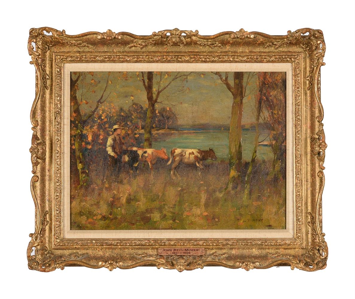 John Reid Murray | CATTLE AND DROVER BY A LAKE | MutualArt