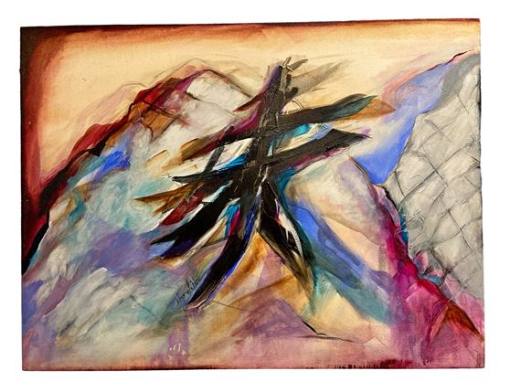 Alice Welton | Acrylic on Canvas of Asian Symbol and Mountain Signed ...