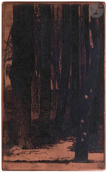 Felix Bracquemond | Rideau de troncs noirs devant une maison, ou Le ...