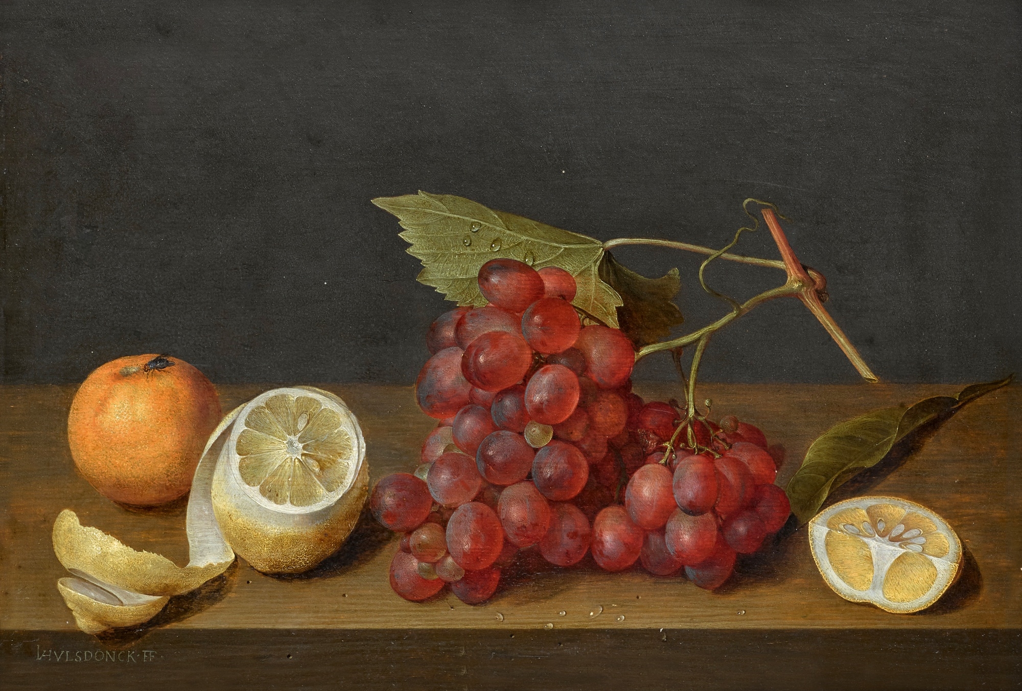 Jacob Van Hulsdonck | Still life with a bunch of grapes and a peeled ...