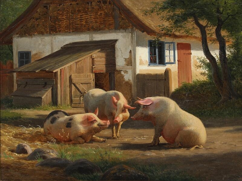 Carl Henrik Bøgh | Summer day in the countryside with three pigs behind ...