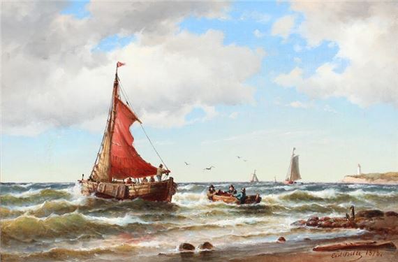 Carl Ludwig Bille | Fishing boats in the breakers (1878) | MutualArt