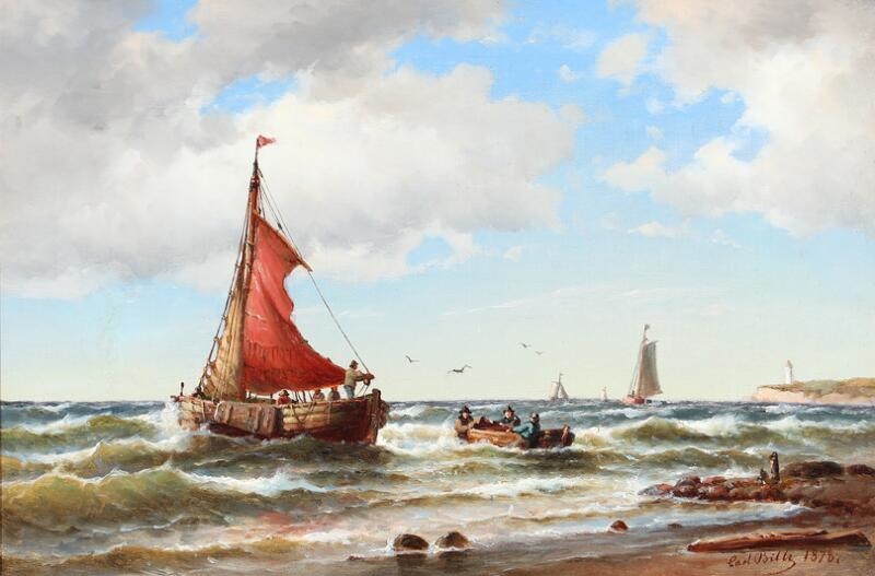 Carl Ludwig Bille | Fishing boats in the breakers (1878) | MutualArt