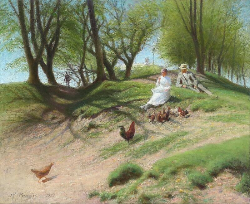 Hans Brasen | A couple feeding hens on a spring day (1921) | MutualArt