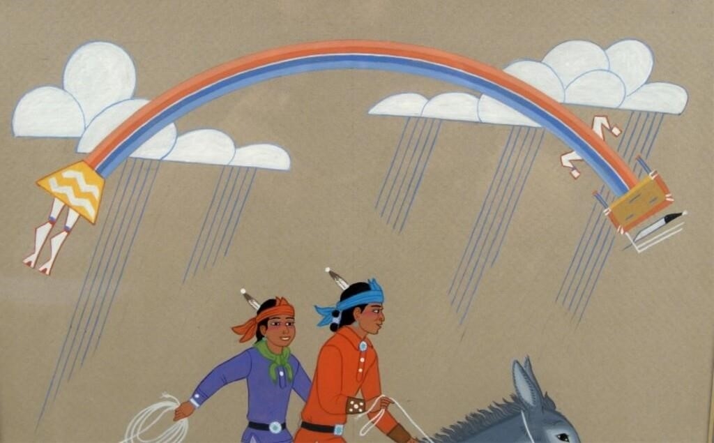 Harrison Begay | Harrison Begay painting of two riders under a Yei ...