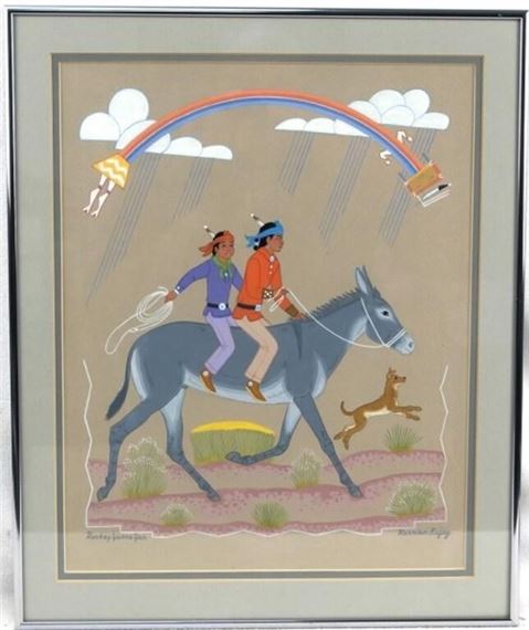Harrison Begay | Harrison Begay painting of two riders under a Yei ...