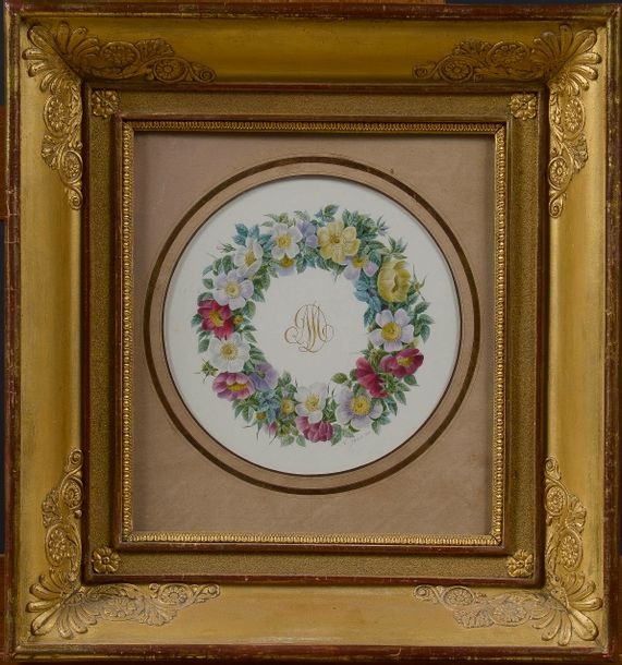 Adèle Janet | Guirlande de fleurs encadrant un chiffre doré, 1831 (1831 ...