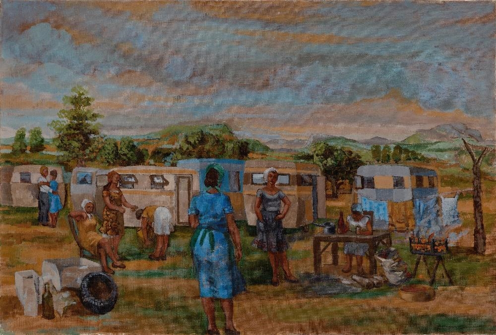 James P. Power | Women doing laundry by a caravan (1981) | MutualArt