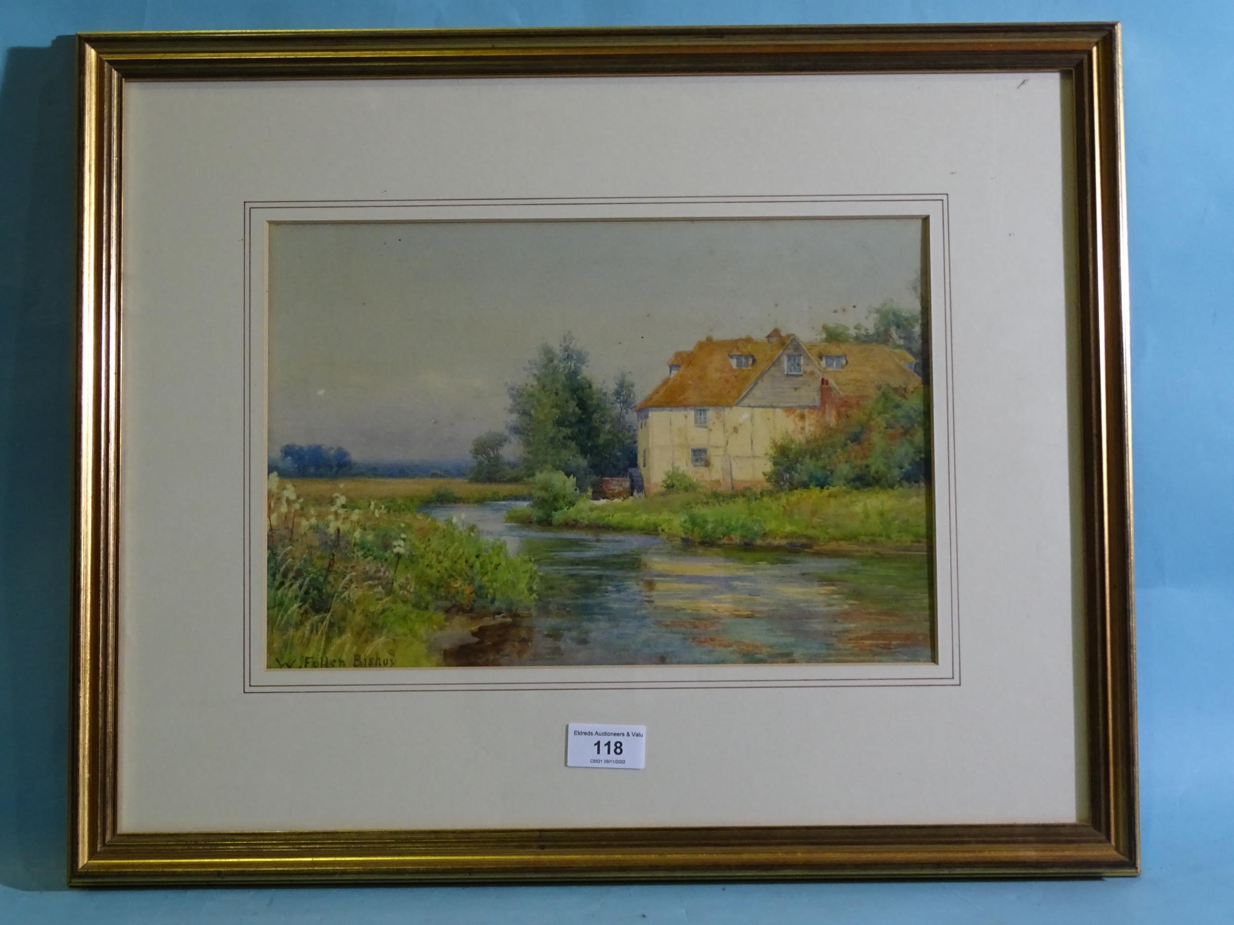 Walter Follen Bishop | LANDSCAPE WITH BUILDING AND WATER WHEEL BESIDE A ...