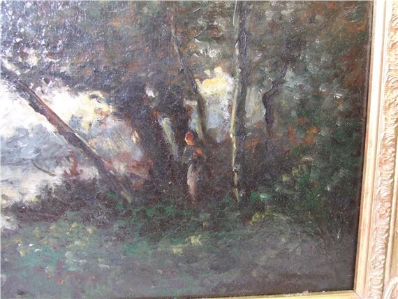 Jean Baptiste Camille Corot | FIGURES BENEATH TREES BY A RIVER | MutualArt