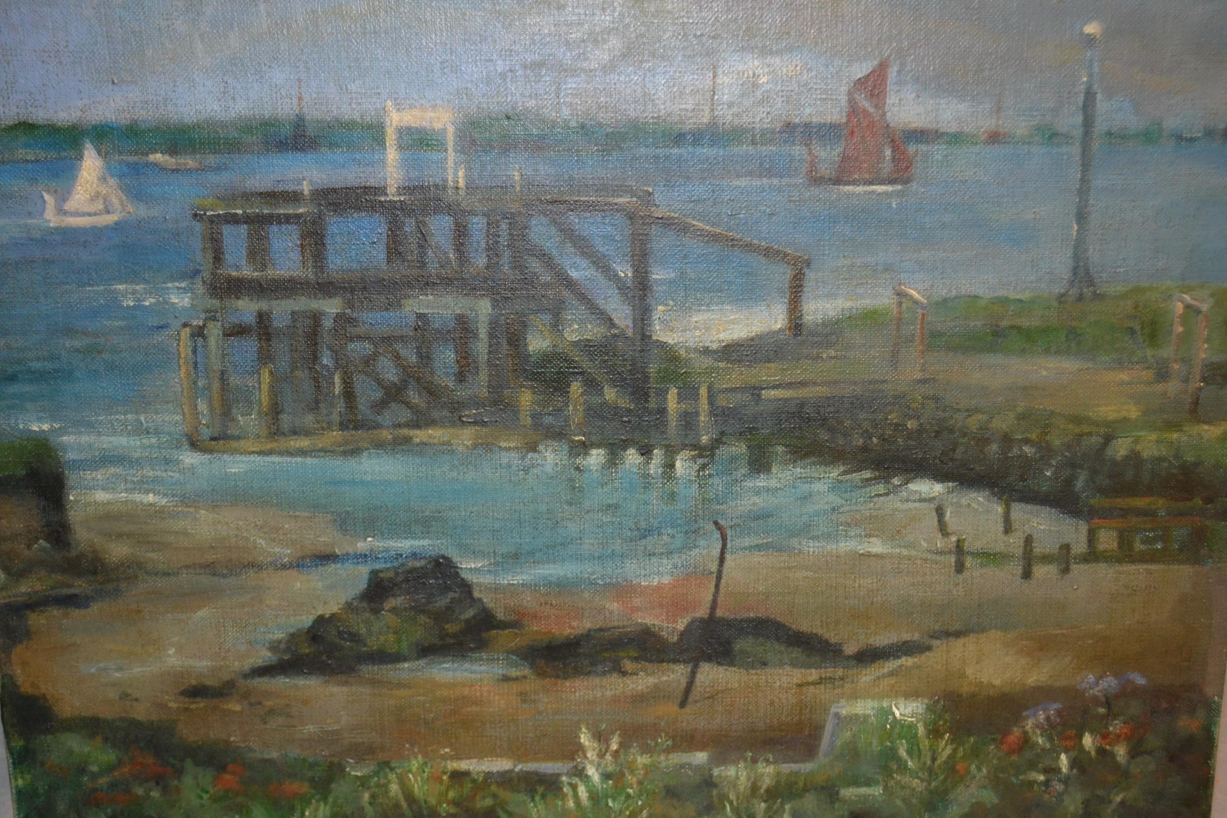 Robert Fowler | boats in an estuary with wooden jetty | MutualArt