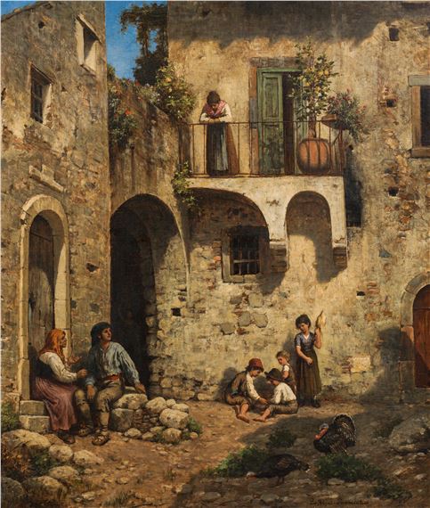 Italian Courtyard Paintings With People Mare Verde On Scenic Paper