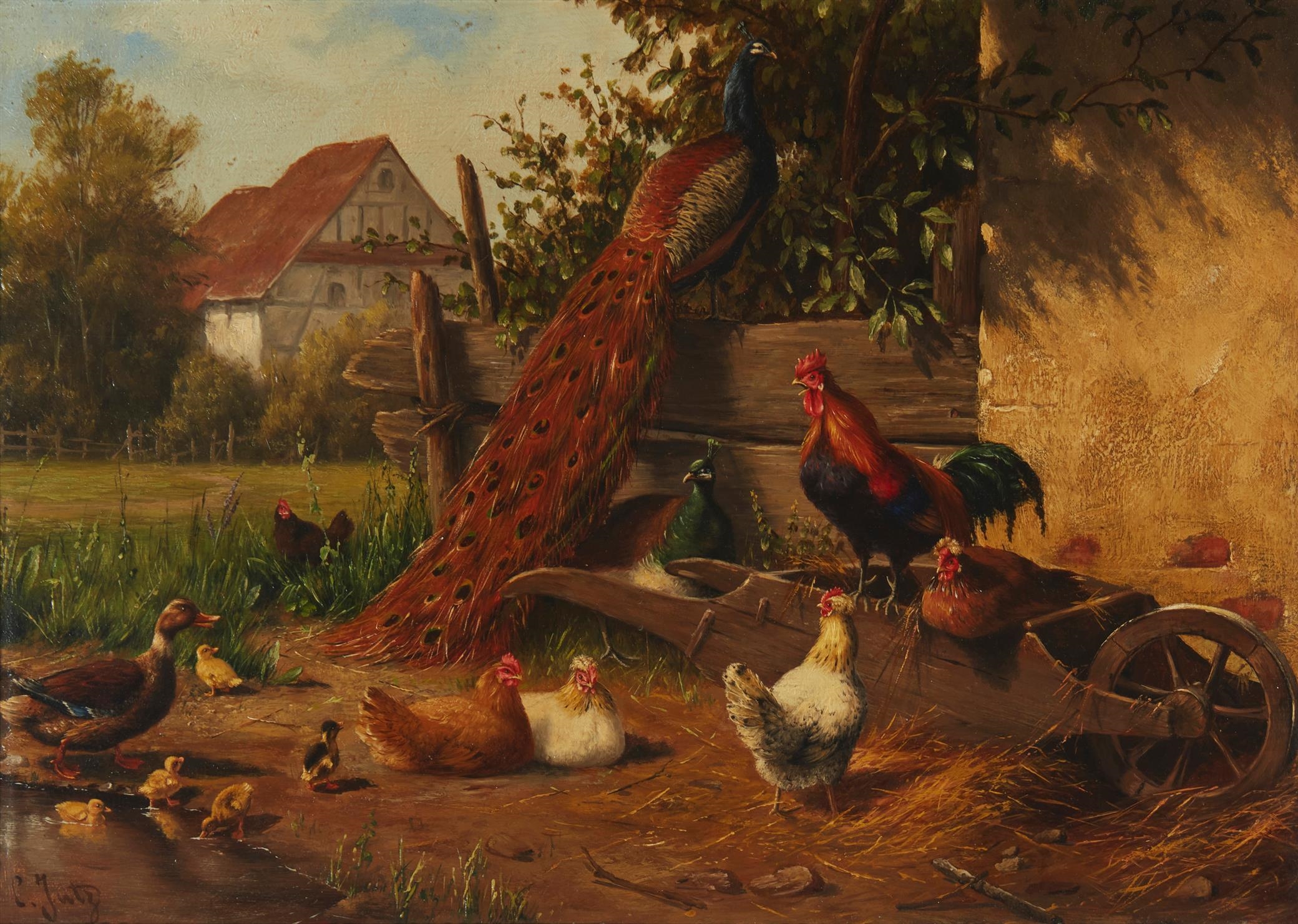 Carl Jutz the Younger | Farm scene with peacocks, chickens, and ducks ...