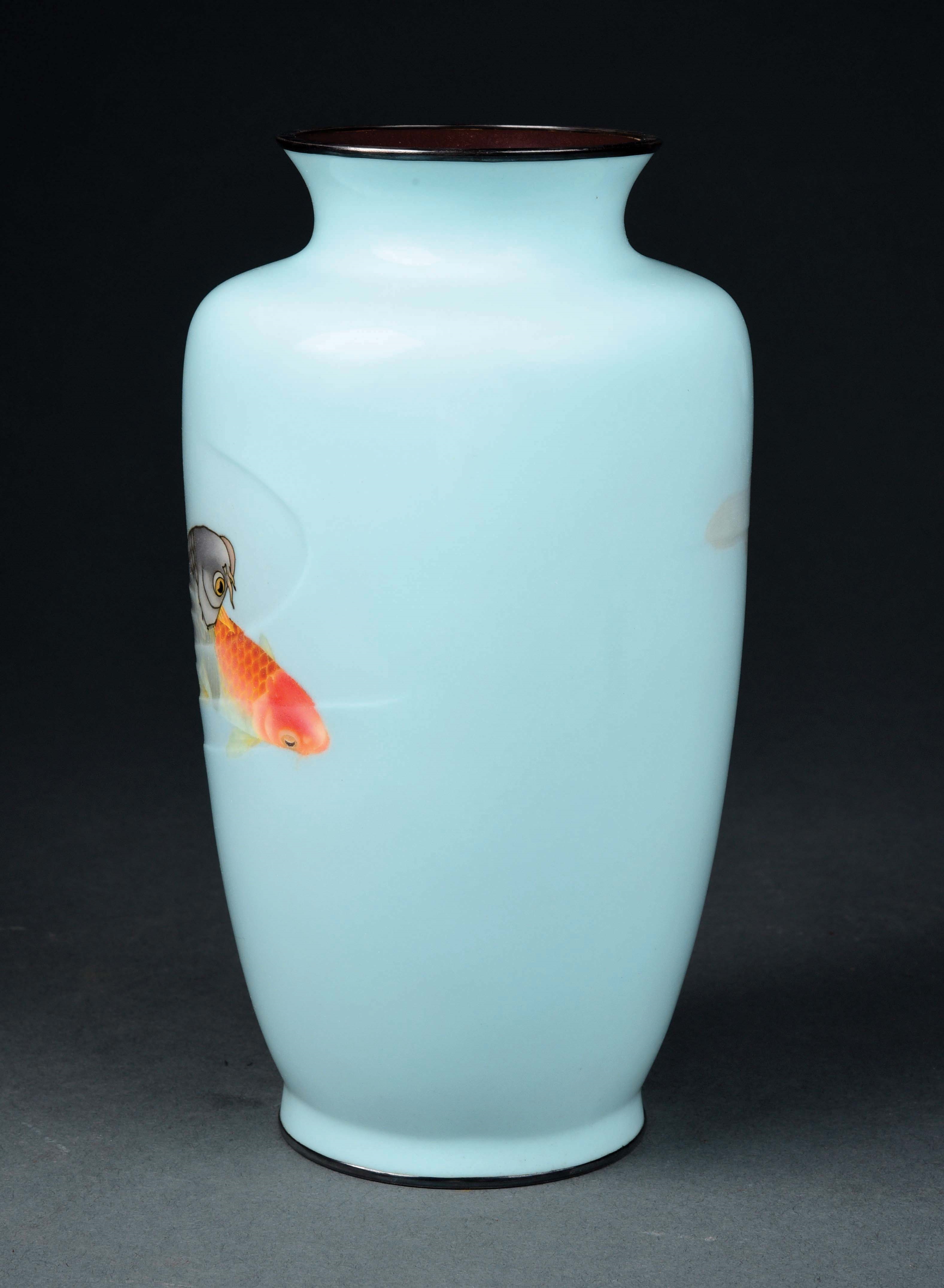 Ando Jubei | JAPANESE MORIAGE CLOISONNE VASE W/ CARP DÉCOR. | MutualArt