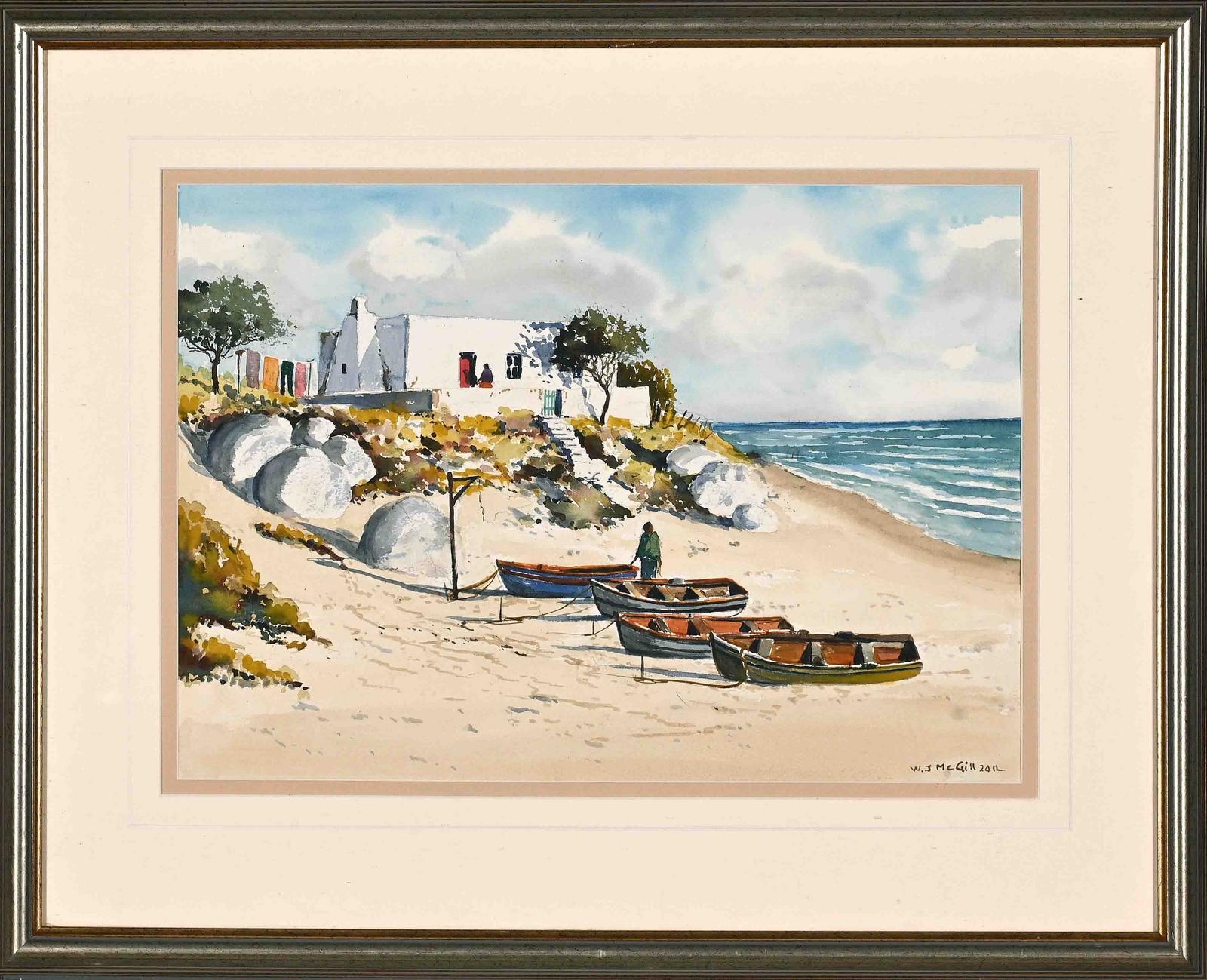William J. McGill | Cottage with Boats on the Beach (2012) | MutualArt