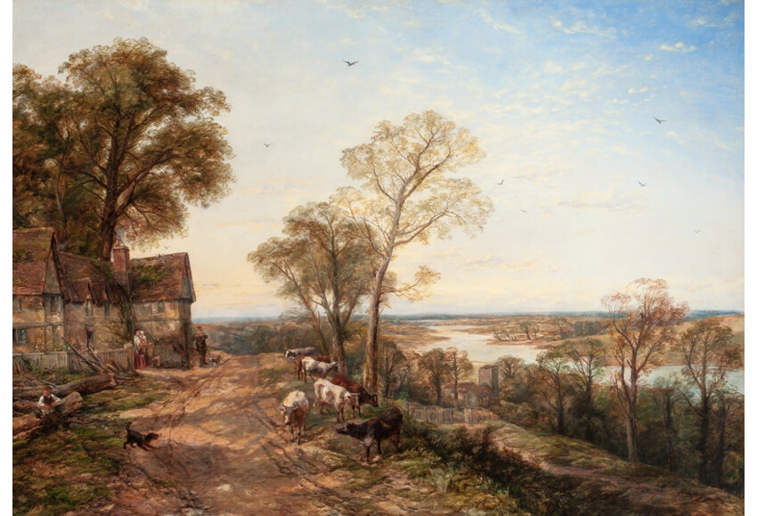 Thomas Creswick | Riverscape with cottage and grazing cattle, near Bala ...