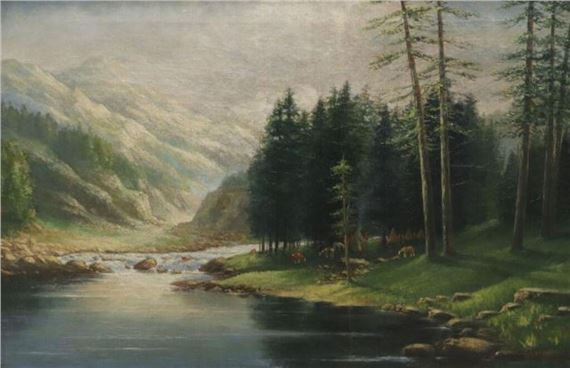 William A. Carson | River Landscape with Native American Camp | MutualArt