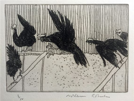 William Robinson | Rooster in Flight with Hens (1979) | MutualArt