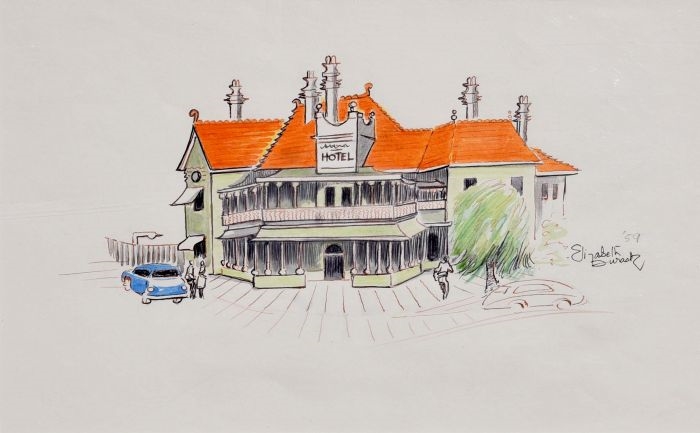 Elizabeth Durack | Hotel and Blue Car . (1959) | MutualArt