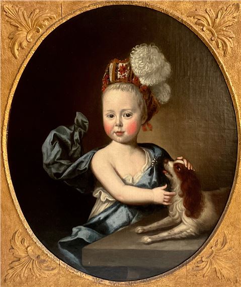 Sir Godfrey Kneller | Portrait of a Child with a Dog , oval | MutualArt