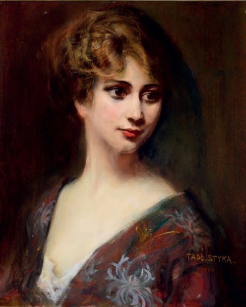 Tadé Styka | Portrait of a woman Oil on cardboard | MutualArt