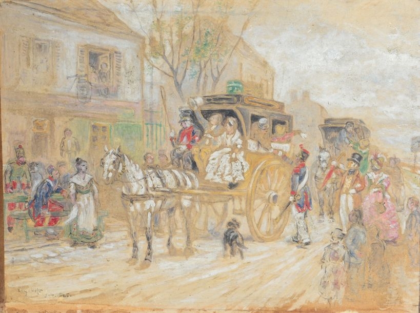 Eugène Chaperon | The arrival of the stagecoach Pencil | MutualArt