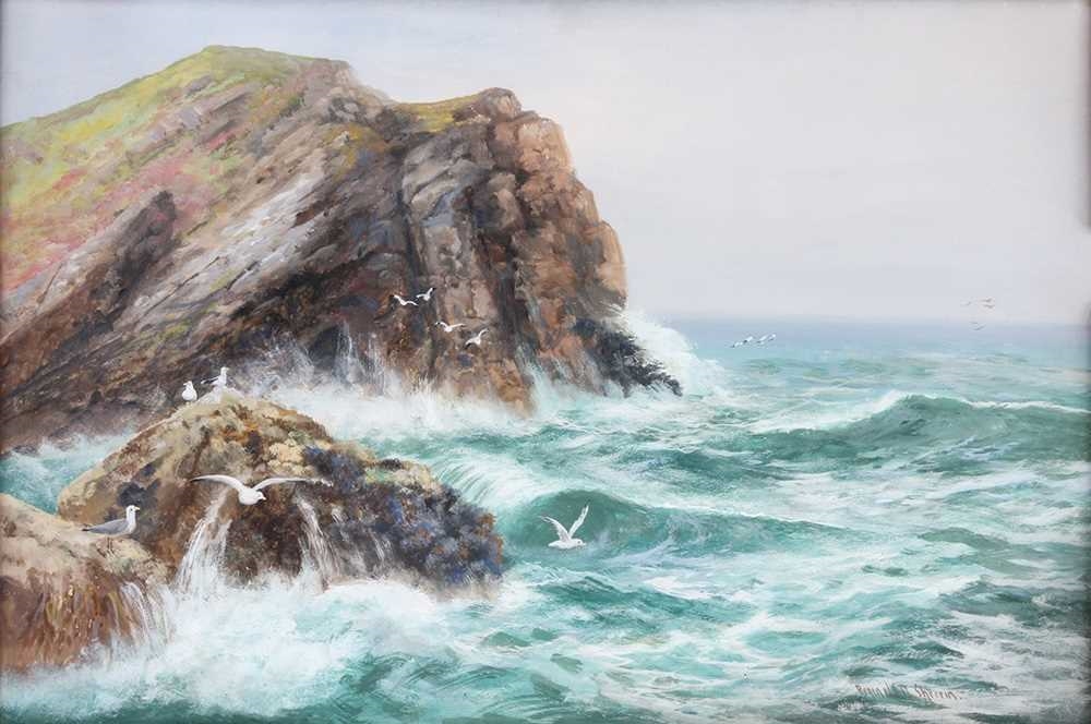 Reginald Daniel Sherrin | OIL ON BOARD A seascape with rocky shoreline ...