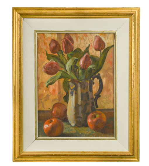 Edward Albert Hickling | Still life with tulips in a jug with apples ...