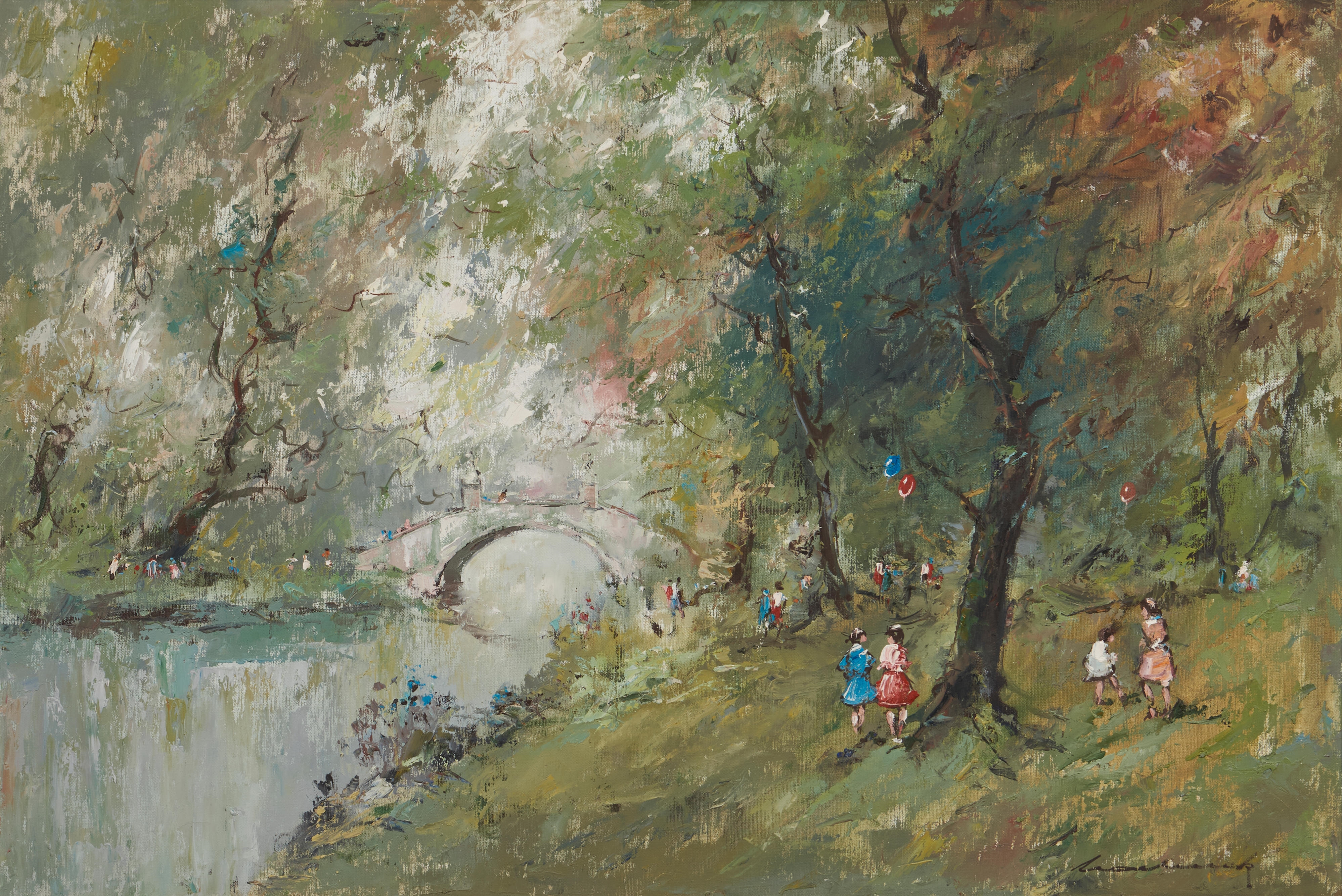 Franz Martinek | Park Scene with Bridge and Strolling Figures | MutualArt