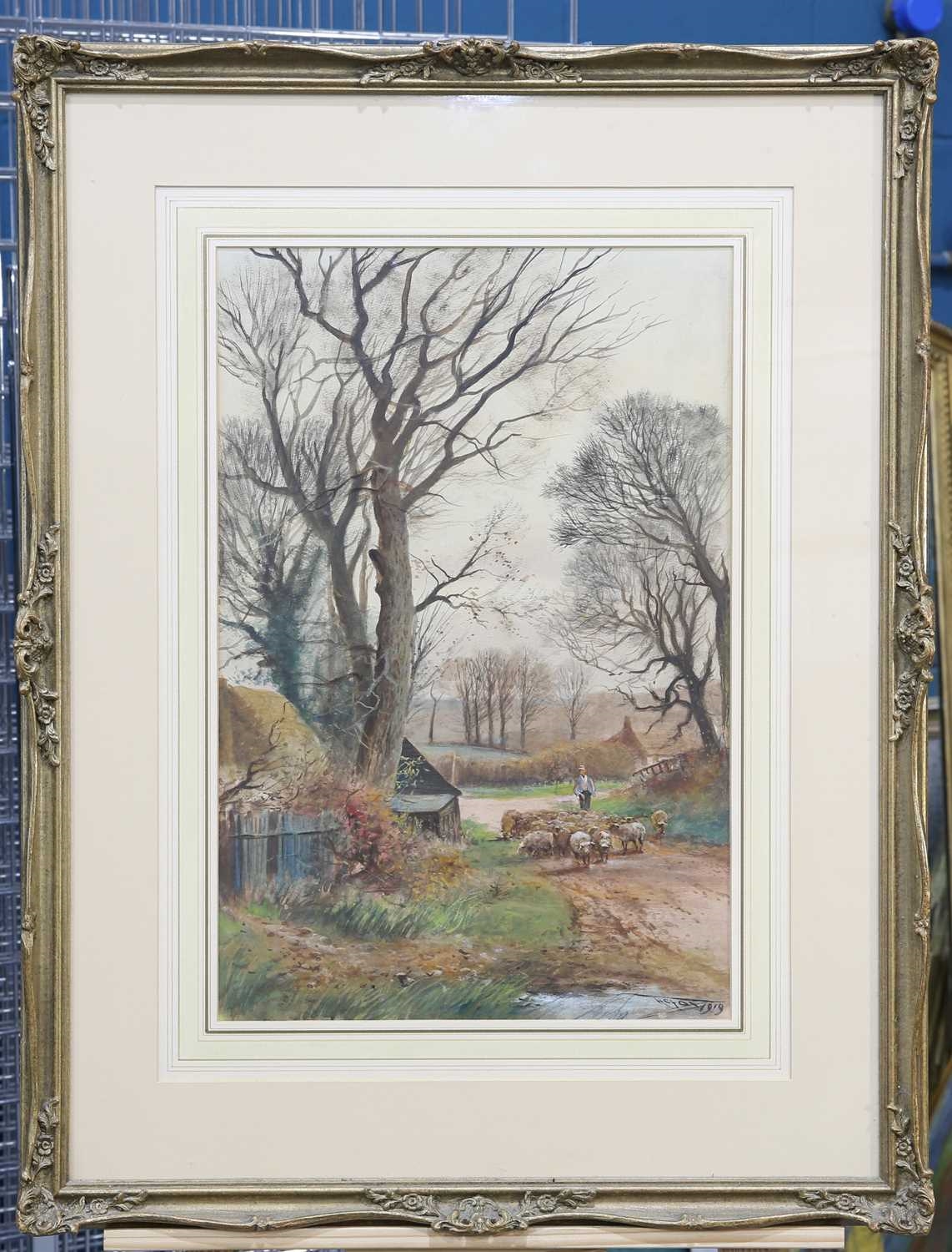 Henry Charles Fox | SHEPHERD MOVING HIS FLOCK ON A COUNTRY PATH | MutualArt