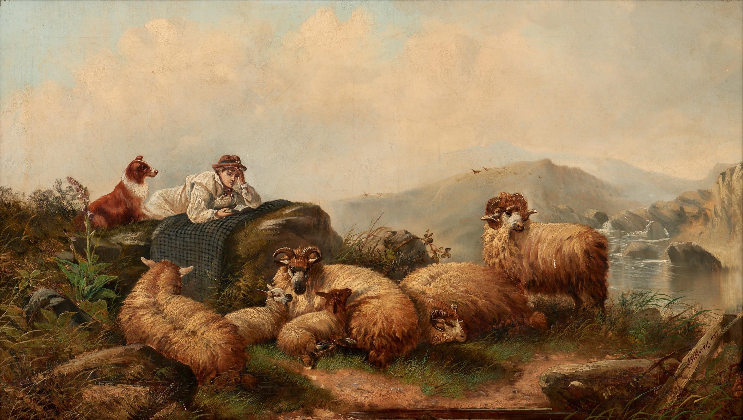 John W.‏ Morris | Shepherd and Dog with Highland Sheep (1877) | MutualArt