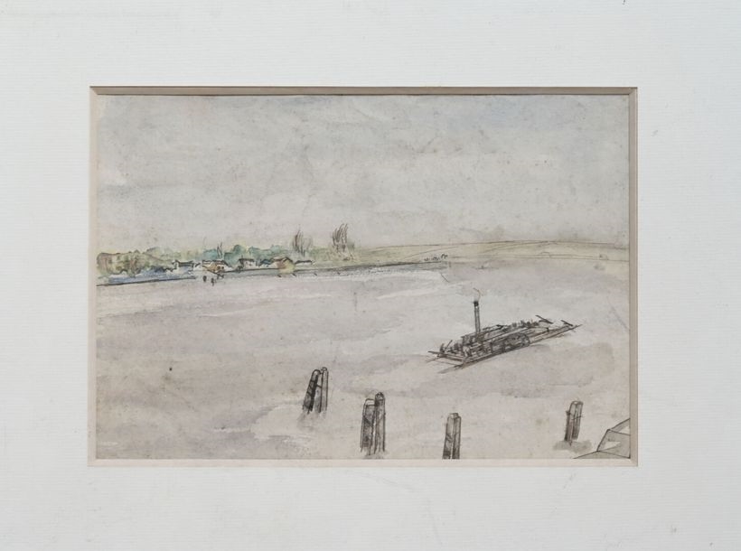 Charles Gir | Two drawings. Steam barge on the river Pastel on paper ...
