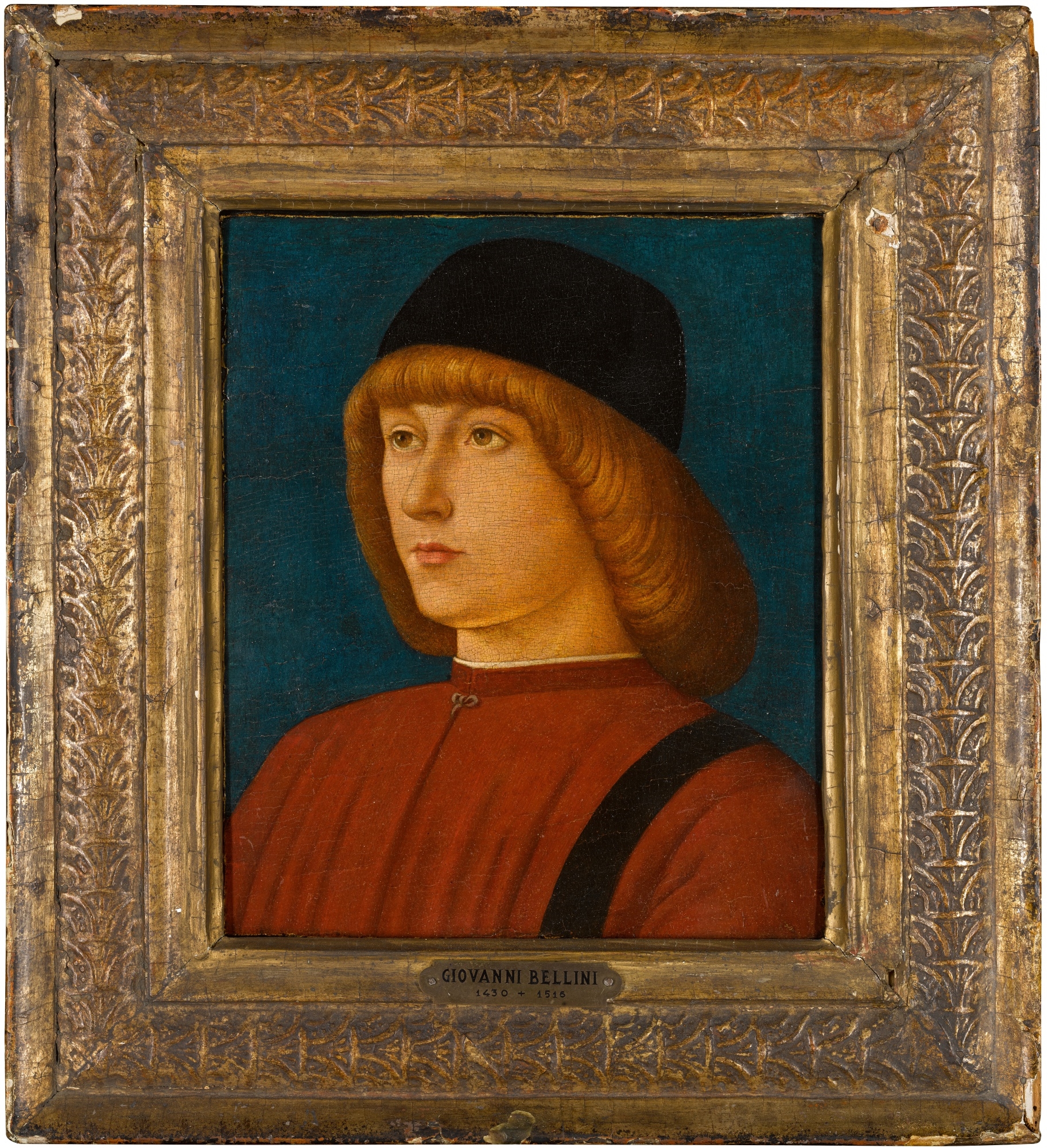 Giovanni Bellini | Portrait of a boy, bust-length, wearing a black hat ...