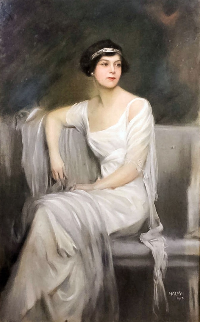 Artur Lajos Halmi | Seated portrait of a society lady (1913) | MutualArt