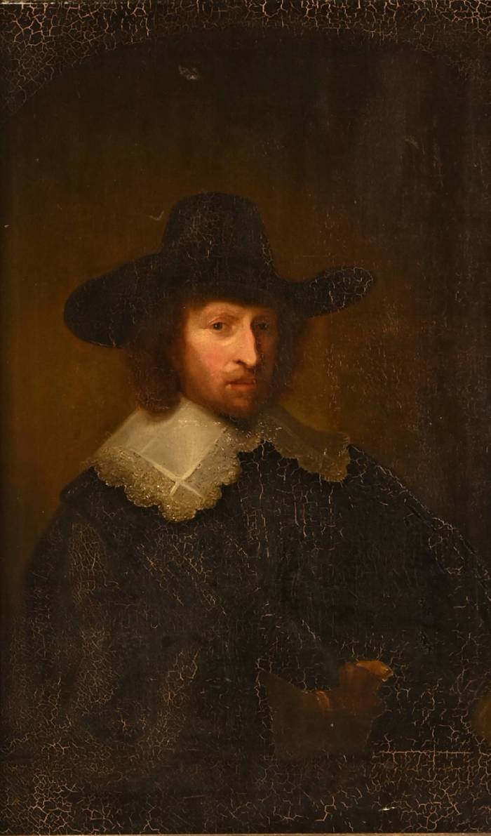John Michael Wright | Portrait of a gentleman wearing a black hat and white lace ruff | MutualArt