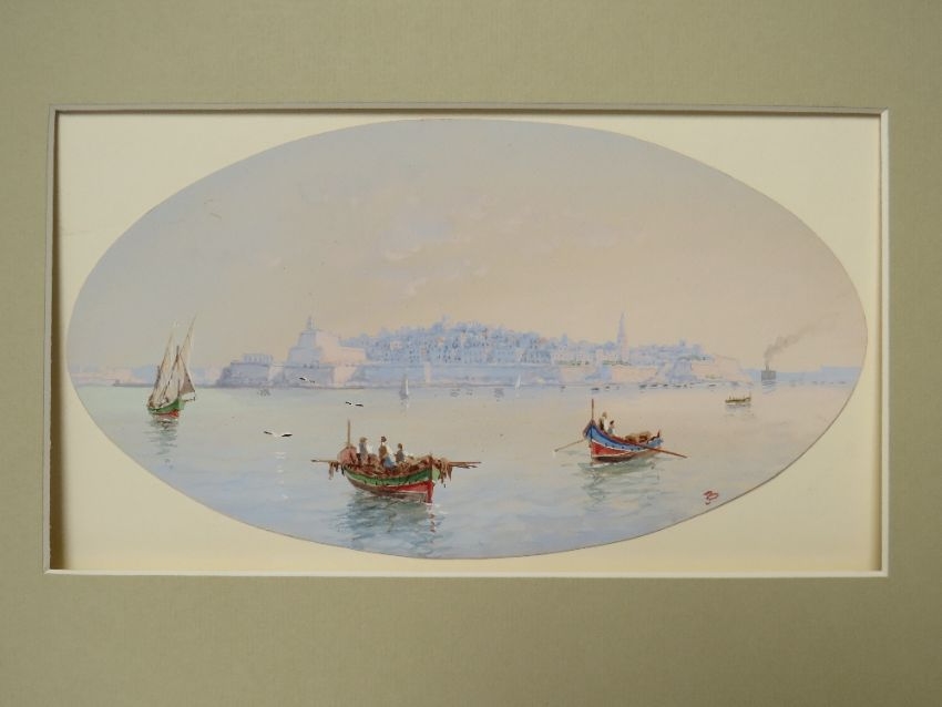 Joseph Bonello | An oval view of Valetta harbour, Malta, with boats and ...
