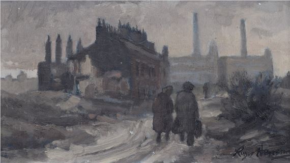 Roger Hampson | Northern industrial scene with two figures | MutualArt