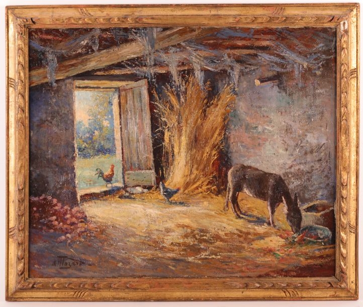 Alphonse Henri Mazard | DONKEY AND HENS AT THE BARN | MutualArt