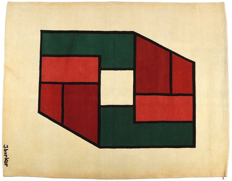 Jacques BORKER | Tapis à motif géométrique vert et rouge sur fond beige ...