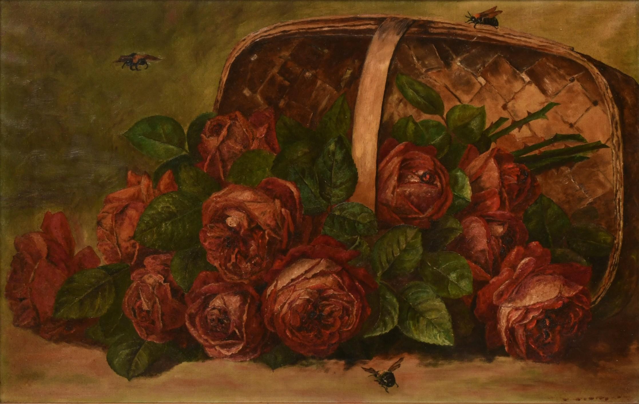 Paul de Longpré‏ | Basket of Roses with Bumblebees | MutualArt