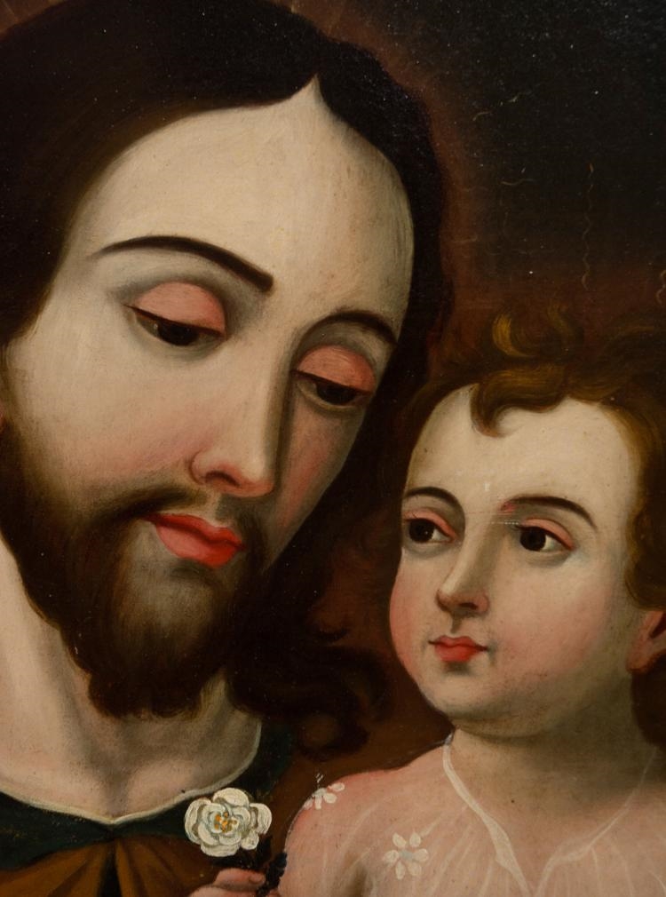 Spanish Colonial School, 17th Century | Saint Joseph and the Christ Child within a garland of ...