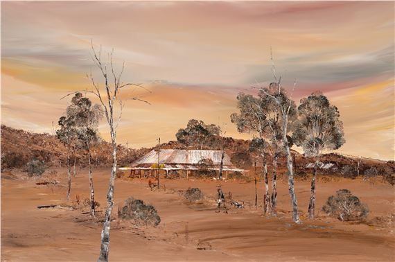 Neil Savage | Country Hotel with Figures and Dog (1987) | MutualArt