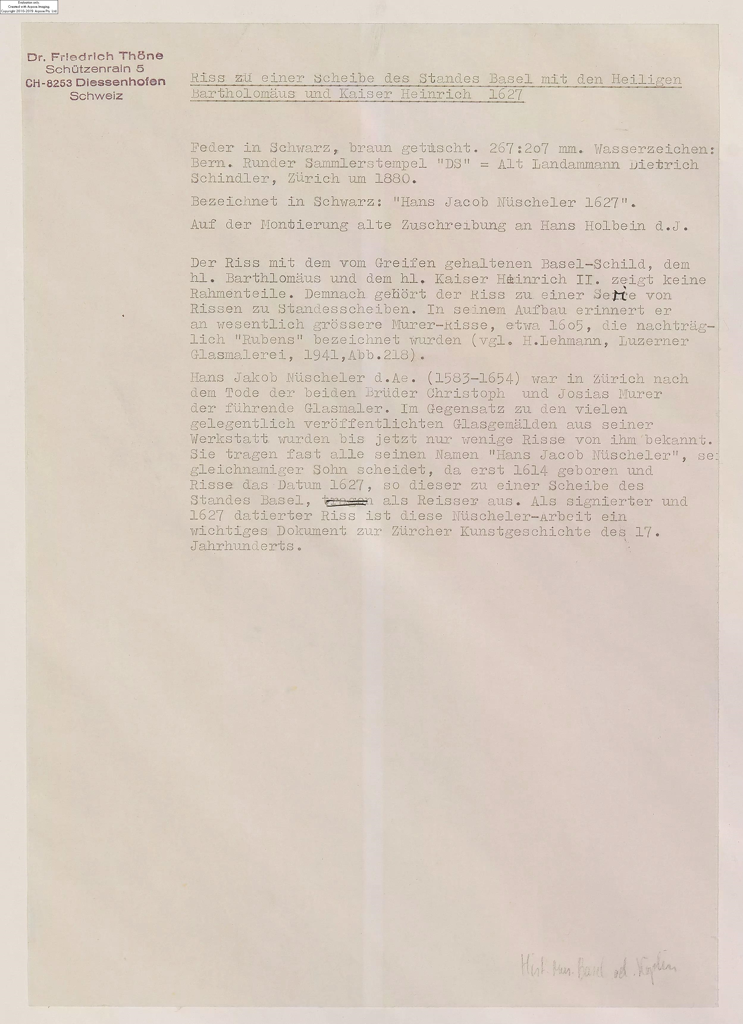 Hans Jakob Nüscheler I | Riss zu einer Scheibe des Standes Basel mit ...