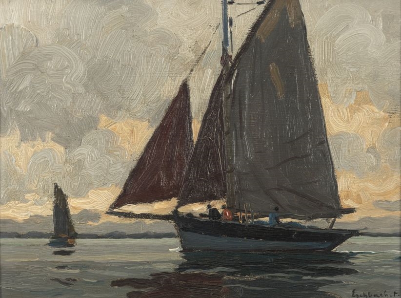 Paul André Jean Eschbach | Tuna boat at sunset. Oil on panel. Signed ...