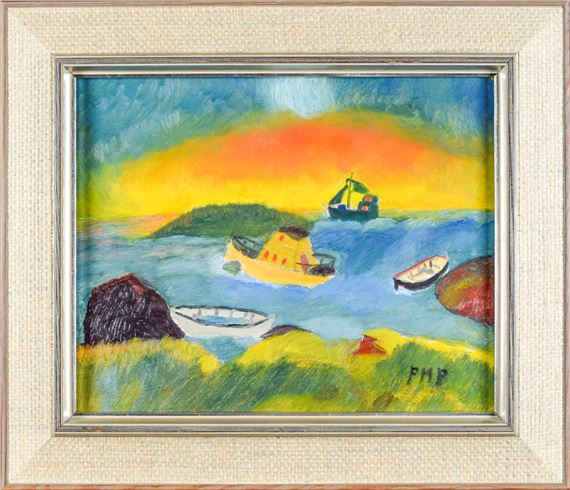 Primus Mortimer Pettersson | Motif of boats in lake and sunset | MutualArt